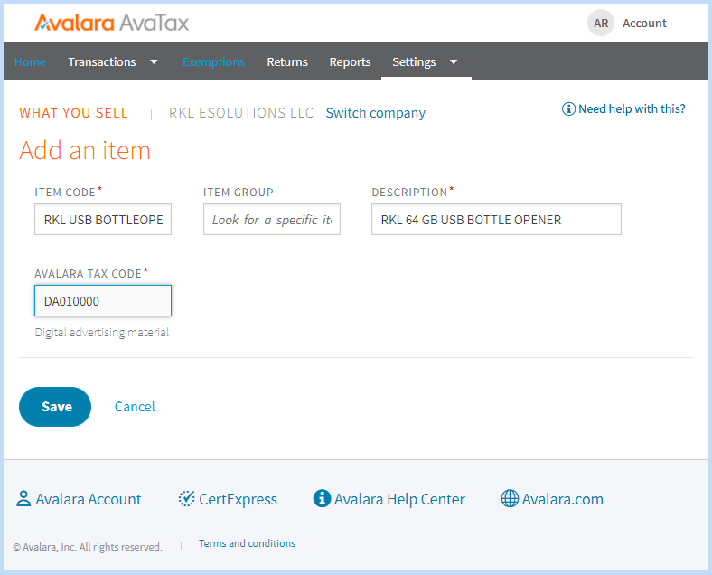 AvaTax for Sage 500 ERP: Mapping Items to Product Tax Codes